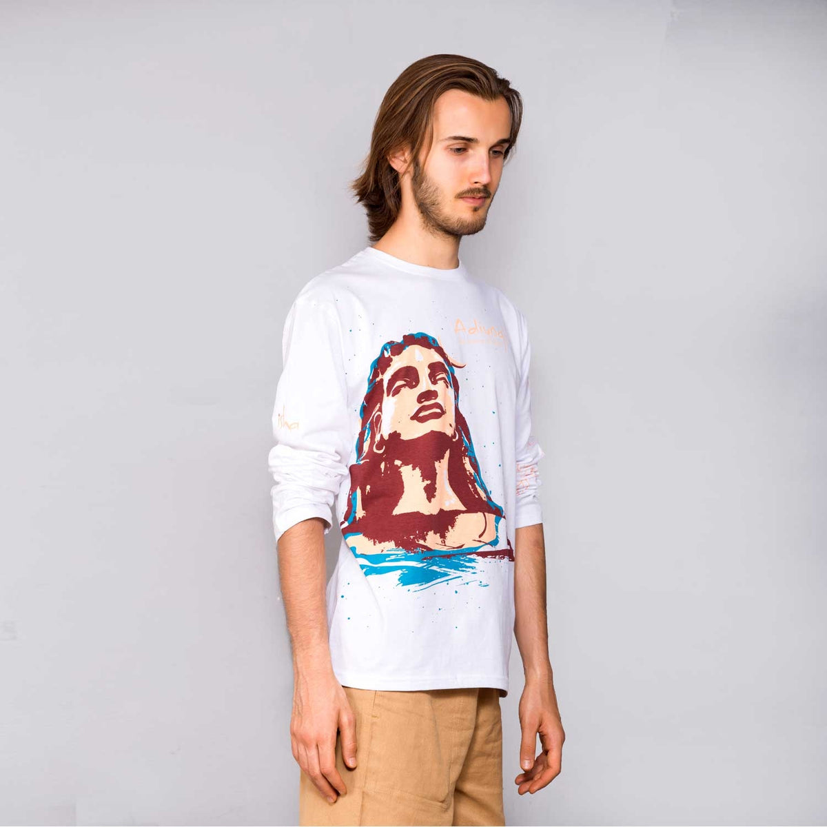 Unisex White Adiyogi Printed Full Sleeve T-Shirt — Isha Life SG